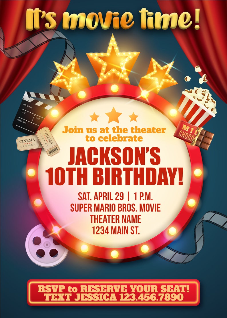 Movie Night Birthday Party Invitation, Movie Theater Invitation ...