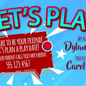 Playdate Kids Business Card, Play Date Calling Card, Let's Play Contact ...