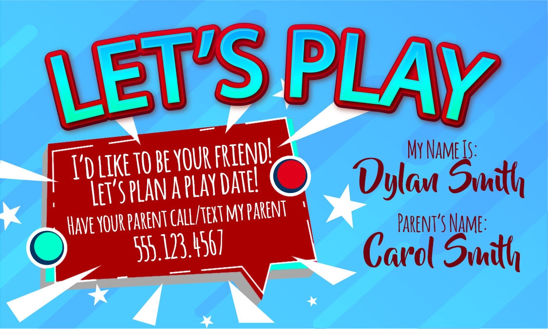 Playdate Kids Business Card, Play Date Calling Card, Let's Play Contact ...
