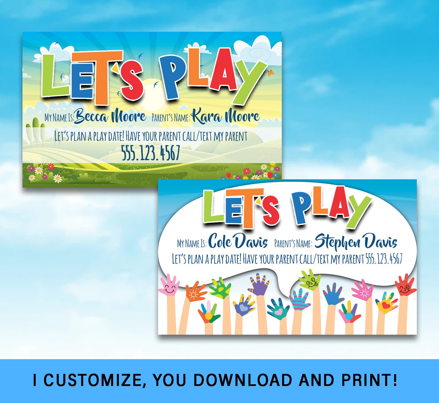 Playdate Kids Business Card, Play Date Calling Card, Let's Play Contact ...