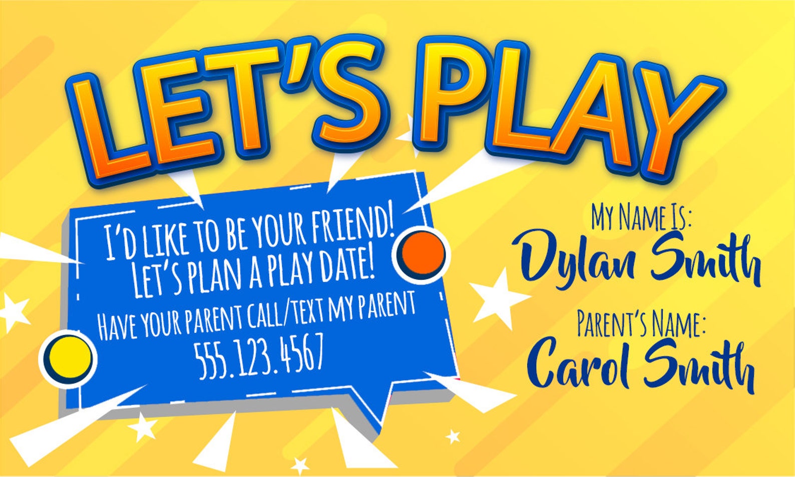 Playdate Kids Business Card, Play Date Calling Card, Let's Play Contact ...