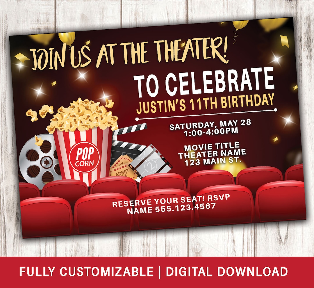 Movie Night Birthday Party Invitation, Movie Theater Invitation ...