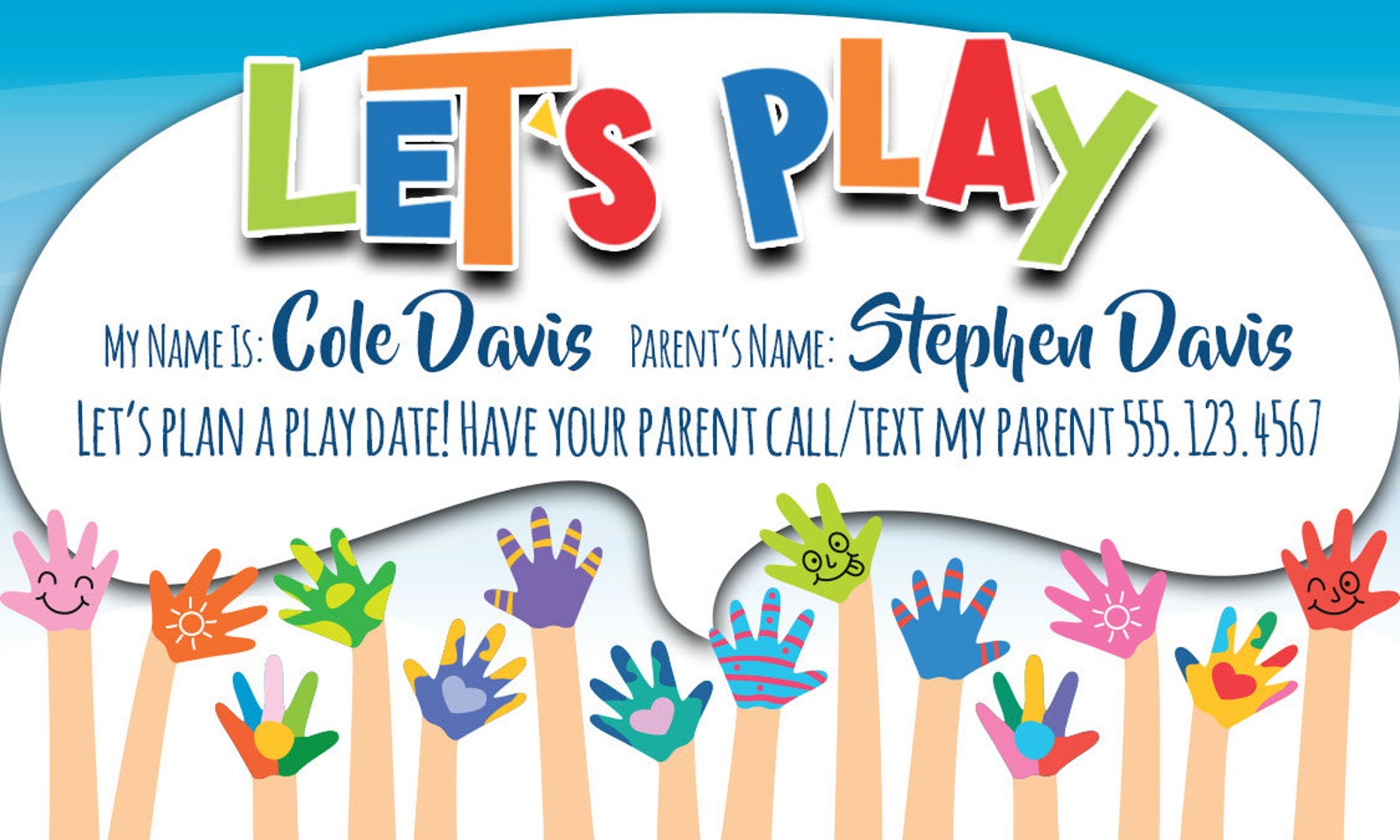 Playdate Kids Business Card, Play Date Calling Card, Let's Play Contact ...