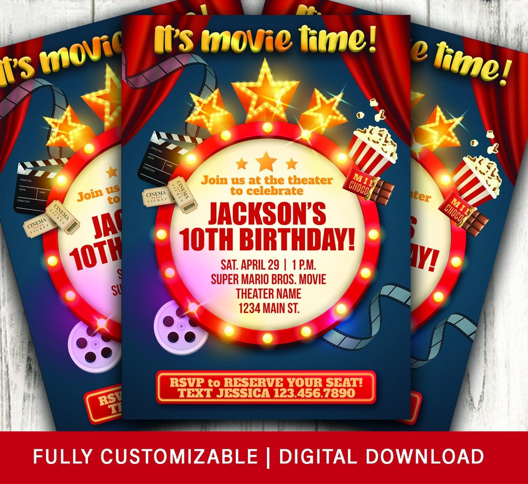 Movie Night Birthday Party Invitation, Movie Theater Invitation ...