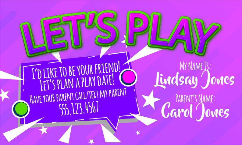 Playdate Kids Business Card, Play Date Calling Card, Let's Play Contact ...