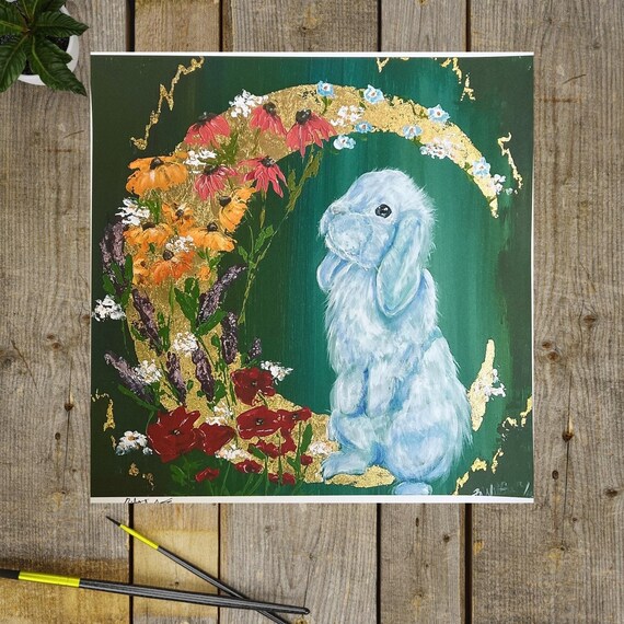 Bunny Print Rabbit Art Moon Art Moon Painting Floral - Etsy