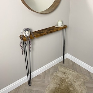 Narrow Omni Rustic Console Table With Black 3 Pin Hairpin Legs ...