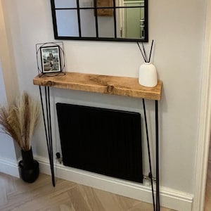 Narrow Omni Rustic Console Table With Black 3 Pin Hairpin Legs ...