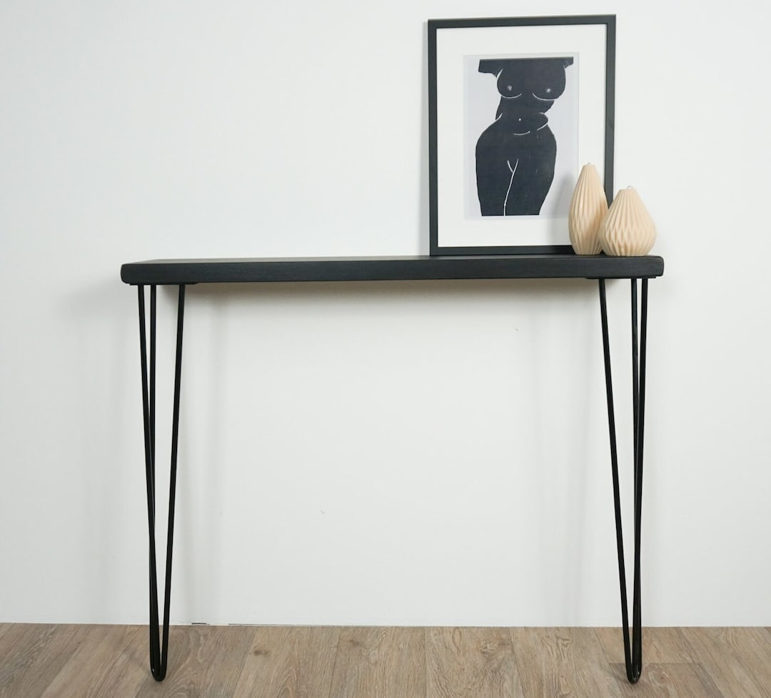 Solid Oak Hand-made Console Table With Black Three Pin Hairpin Legs ...