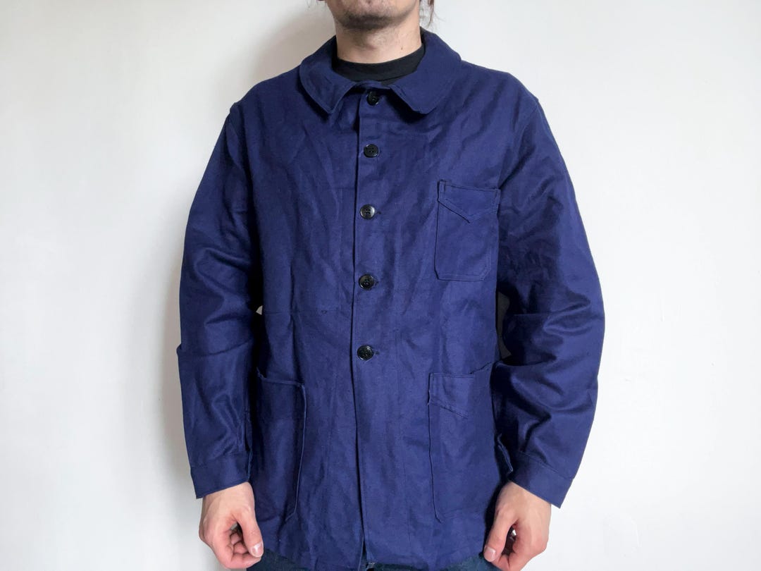 40s French Work Jacket, Vintage French Workwear, Round Collar V Pocket ...