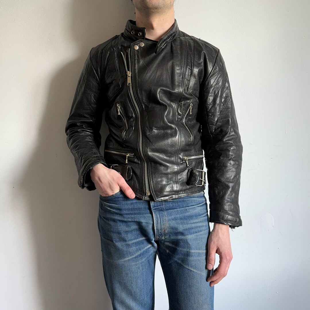 80s Vintage Euro England Distressed Faded Black Genuine Leather Patina ...