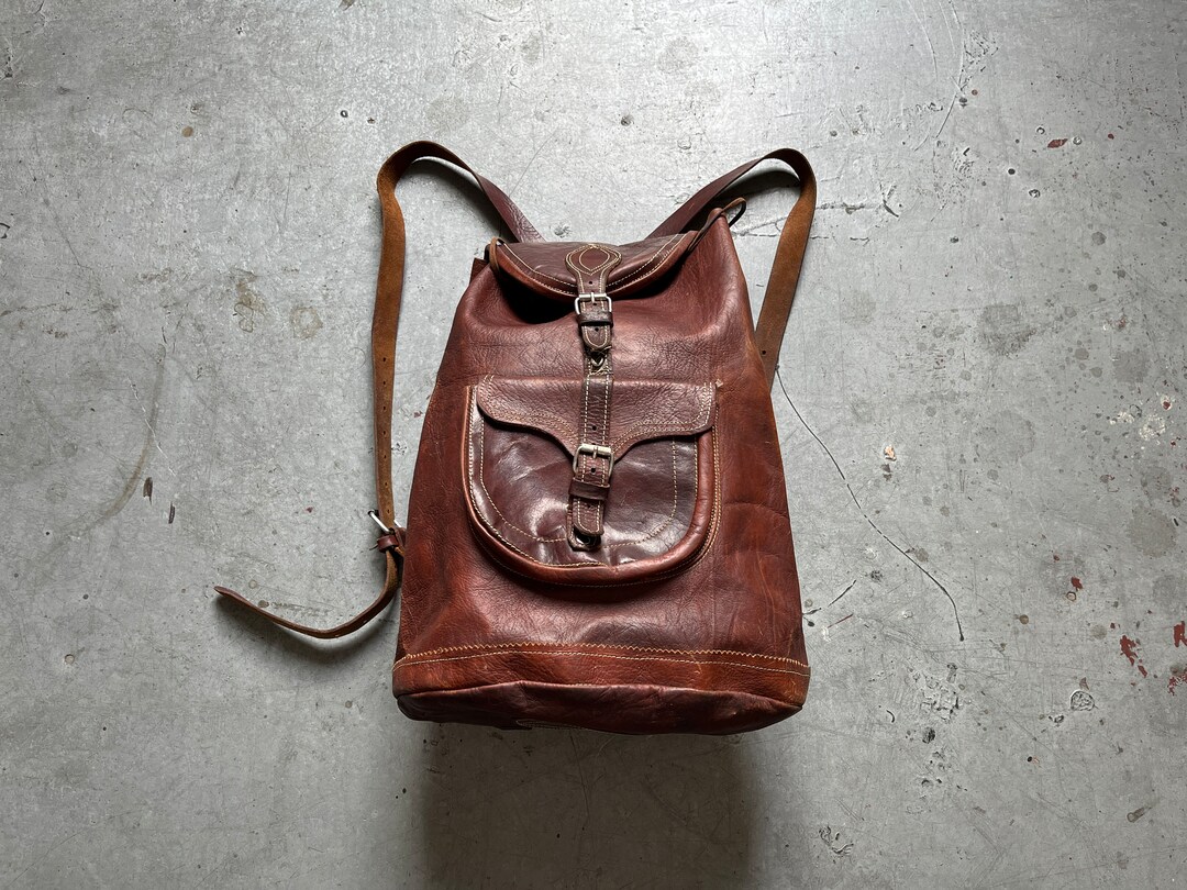 Vintage Leather Backpack, 60s 70s Brown Country Boho Hippie Handmade ...