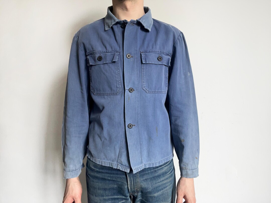 Faded Hbt Work Jacket, 70s Vintage French Workwear, Sanforized Worn Herringbone Twill Blue Work ...