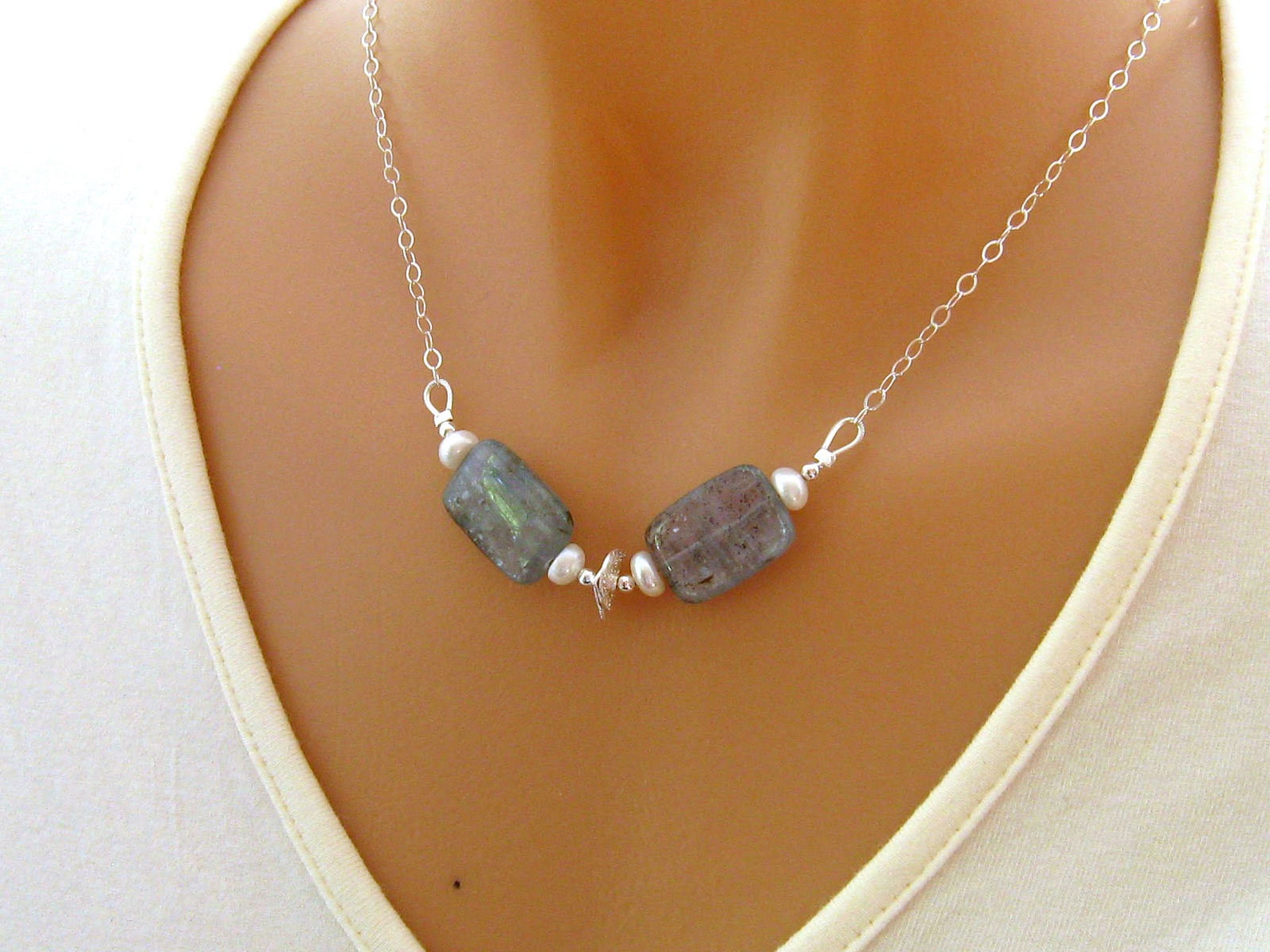 Minimalist Gray Necklace, Kyanite and Pearl Jewelry, Gray Gemstone ...