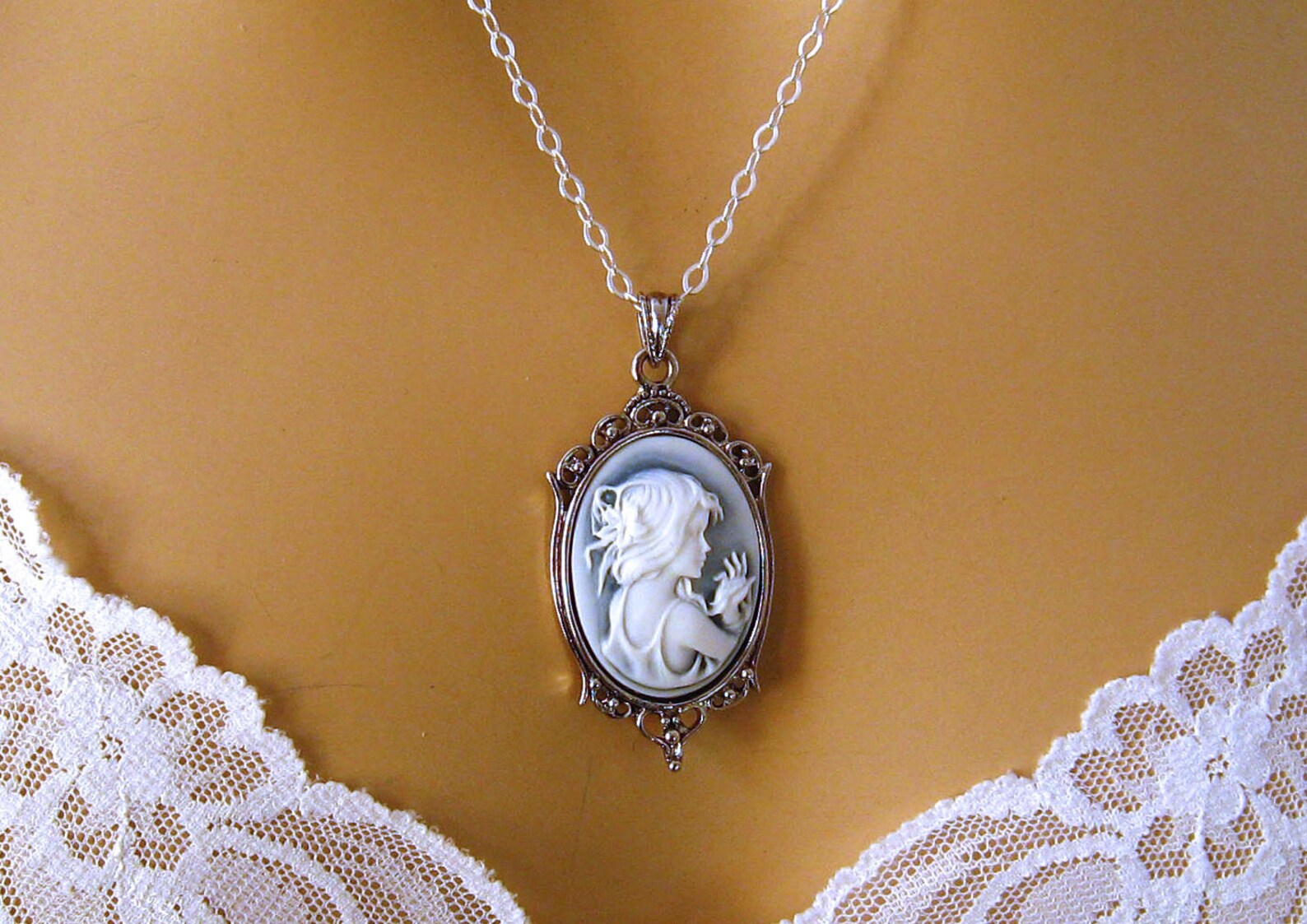 Slate Blue Cameo: Victorian Woman Blue Cameo Necklace, Antiqued Silver ...