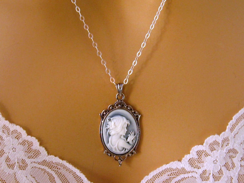 Slate Blue Cameo: Victorian Woman Blue Cameo Necklace, Antiqued Silver ...