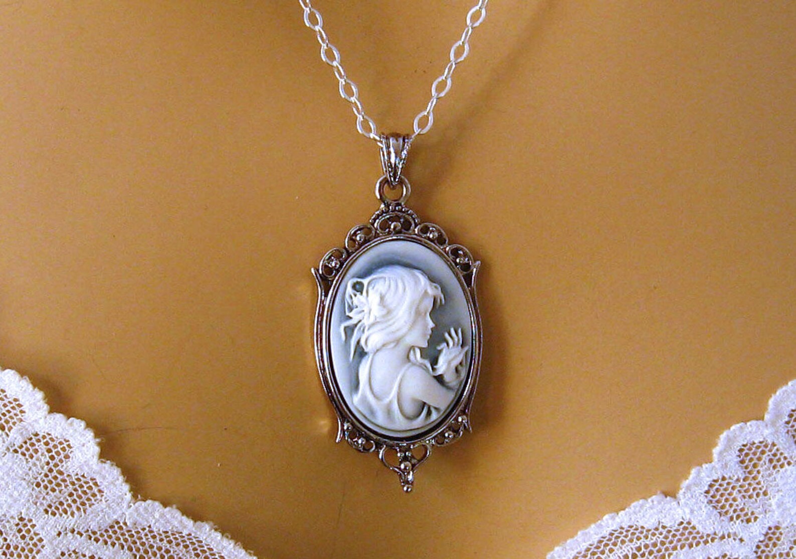 Slate Blue Cameo: Victorian Woman Blue Cameo Necklace, Antiqued Silver ...