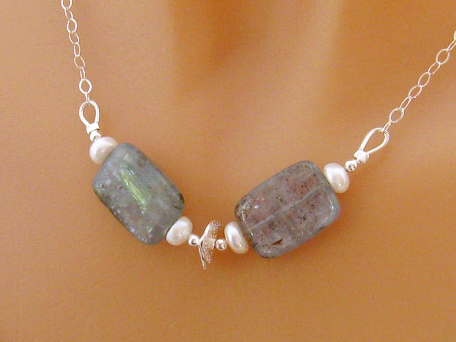 Minimalist Gray Necklace, Kyanite and Pearl Jewelry, Gray Gemstone ...