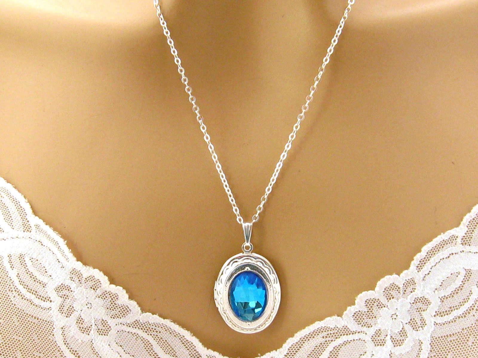 Victorian Locket, Silver Locket Necklace, Bridesmaid Locket, Blue ...