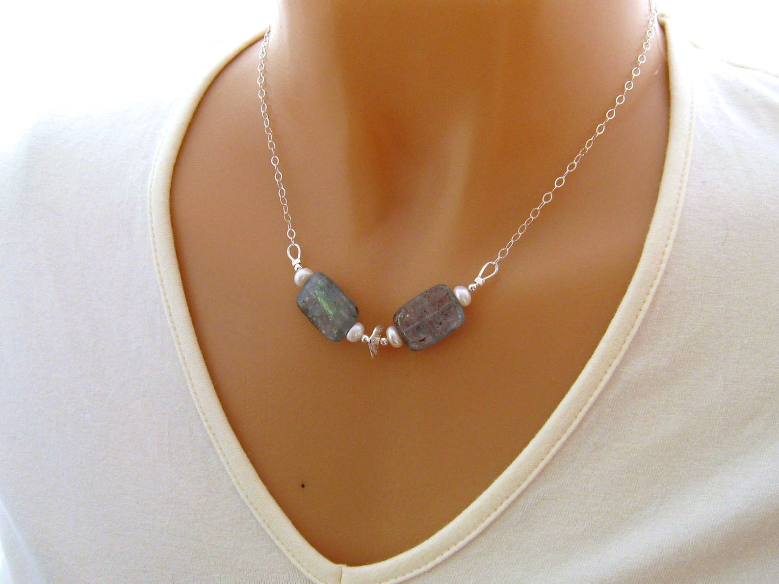 Minimalist Gray Necklace, Kyanite and Pearl Jewelry, Gray Gemstone ...