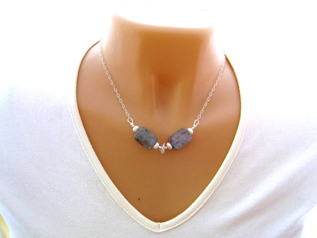 Minimalist Gray Necklace, Kyanite and Pearl Jewelry, Gray Gemstone ...