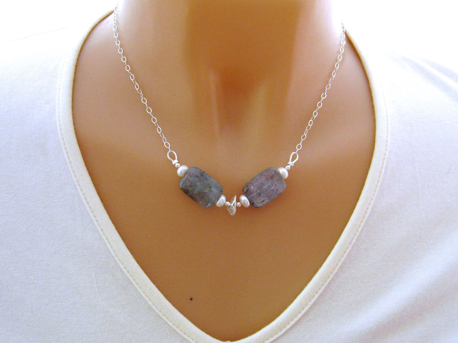 Minimalist Gray Necklace, Kyanite and Pearl Jewelry, Gray Gemstone ...