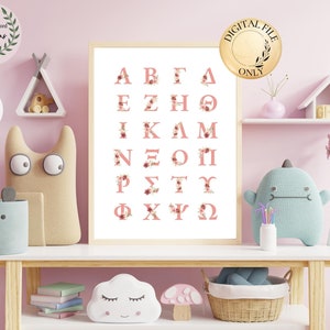 Pink Floral Greek Alphabet Printable, Greek Letters With Flowers ...
