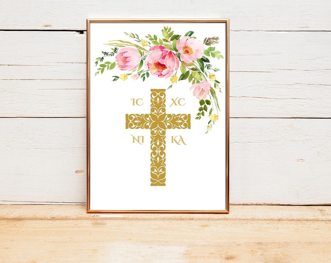 Buy Printable Gold Cross With Pink Flowers, Ancient Greek Symbols IC XC ...