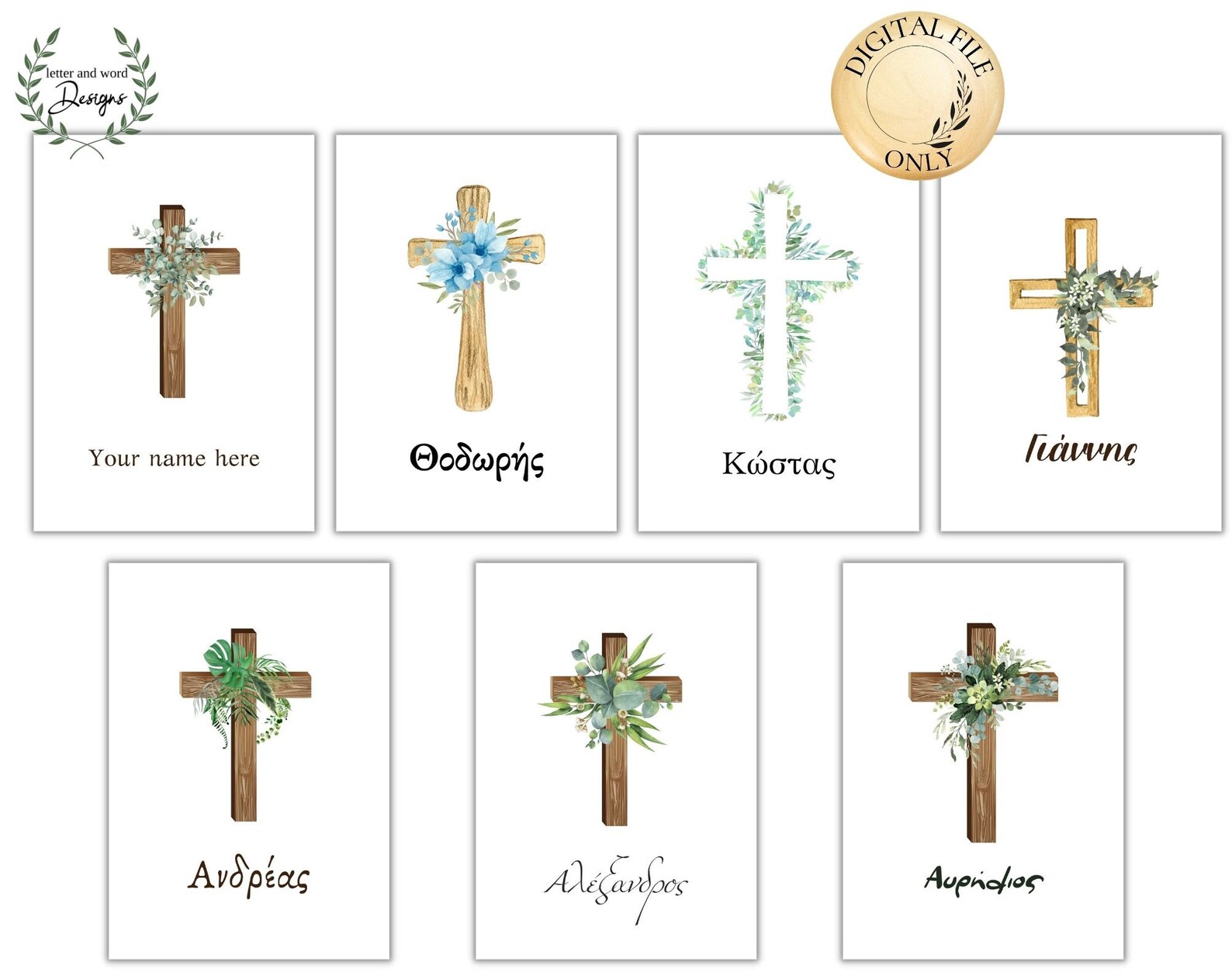 Personalized Cross With Greenery Printable Wall Art, Personalised Name ...
