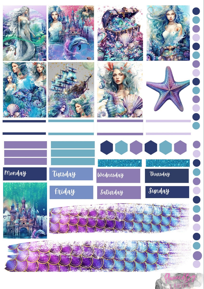 MERMAID VIBES 2 Page Kit Sticker Sheets, Digital Planner Stickers, Sticker Kits, Weekly Sticker ...