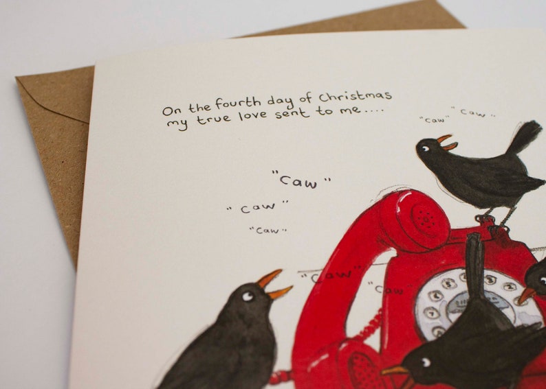 Four Calling Birds Christmas Card: Funny Watercolor Illustration - Etsy