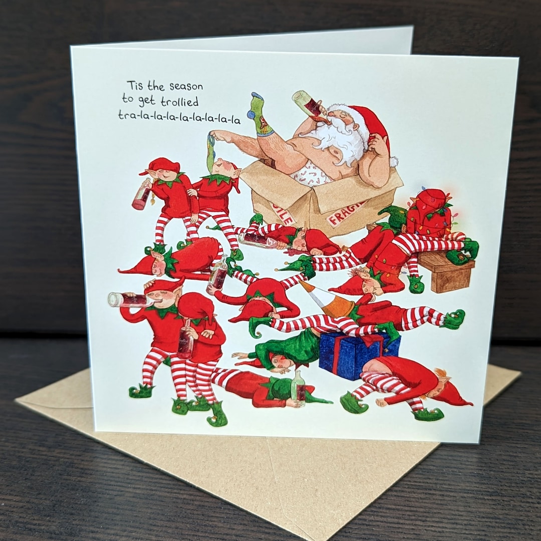Tis' the Season Christmas Card, Funny Christmas Card, Drunken Santa and Elf Christmas Card ...