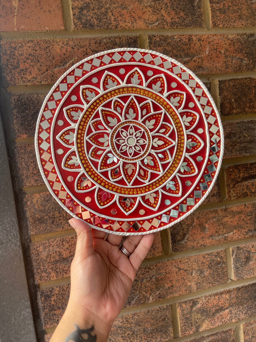 Mirror and Clay Work Wall Hanging | Mandala Lippan Art | 10 Inches ...