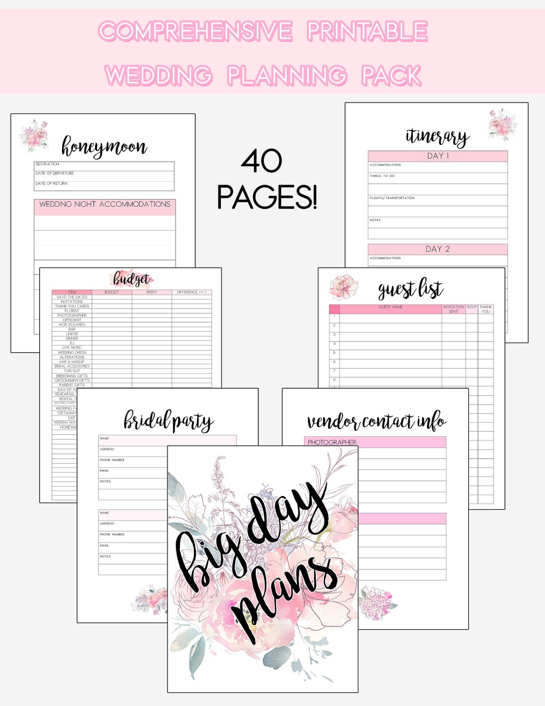 Printable Wedding Planning Bundle / Kit / Pack. Floral Watercolor ...