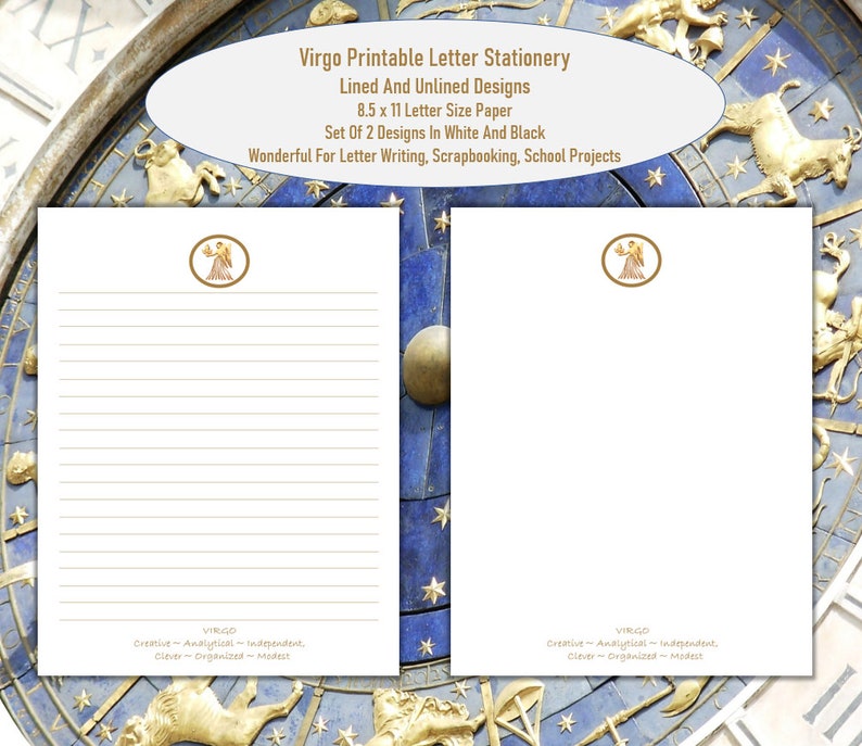Virgo Zodiac Inspired Printable Letter Size Writing Stationery, Lined ...