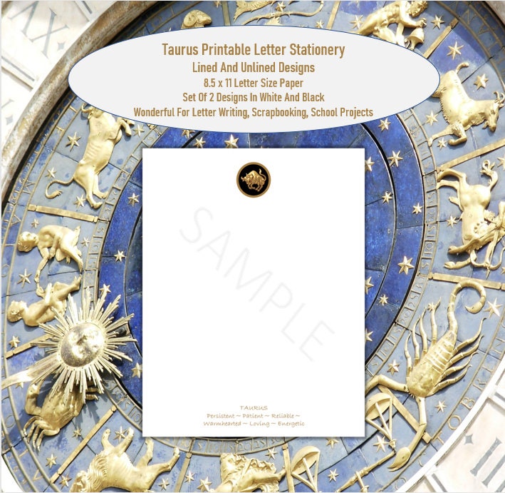 Taurus Zodiac Inspired Printable Letter Size Writing Stationery, Lined ...