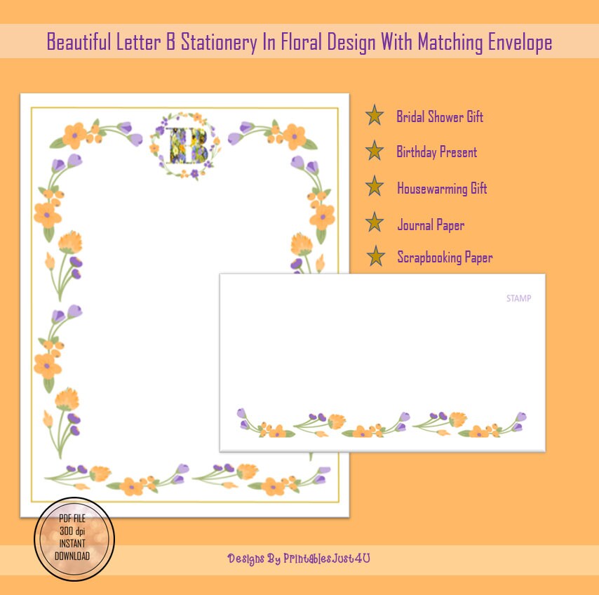 Printable Stationery Set/ Initial “b" Writing Paper & Envelope/8.5x11 ...