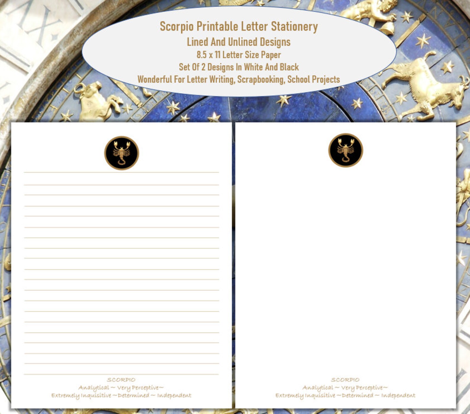 Scorpio Zodiac Inspired Printable Letter Size Writing Stationery, Lined ...