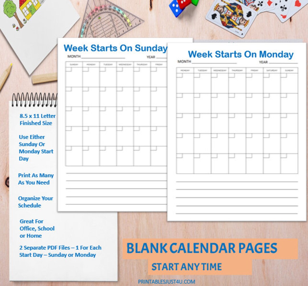 Blank Monthly Calendar Planner Pages /start Anytime /8.5x11 Letter Size ...