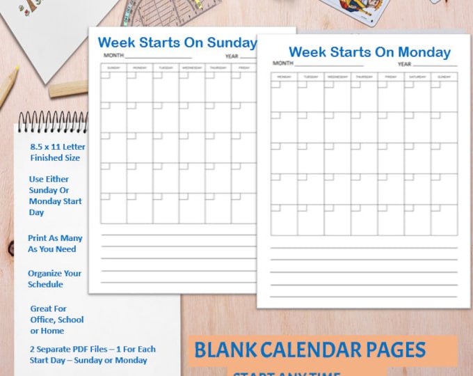 Blank Monthly Calendar Planner Pages /start Anytime /8.5x11 Letter Size ...