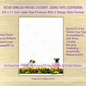 Pugs and Flowers 8.5 X 11 Inch Instant Download Printable Stationery ...