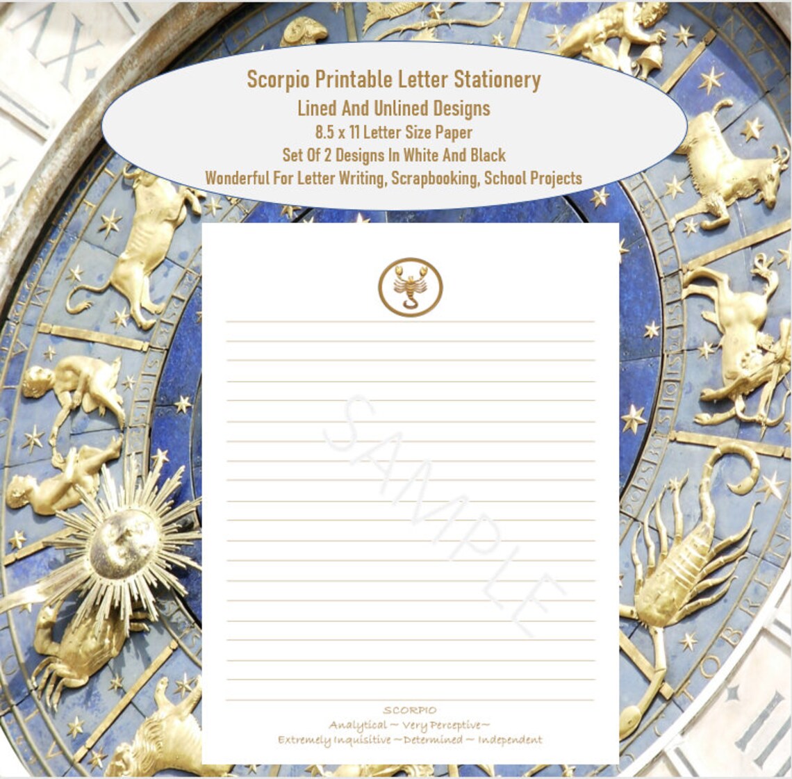 Scorpio Zodiac Inspired Printable Letter Size Writing Stationery, Lined ...