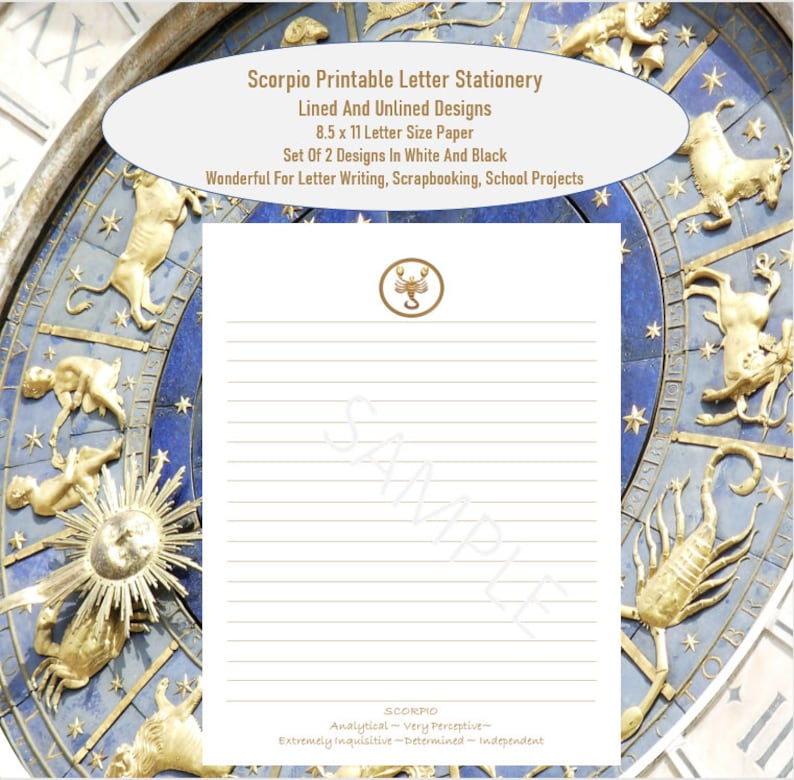 Scorpio Zodiac Inspired Printable Letter Size Writing Stationery, Lined ...