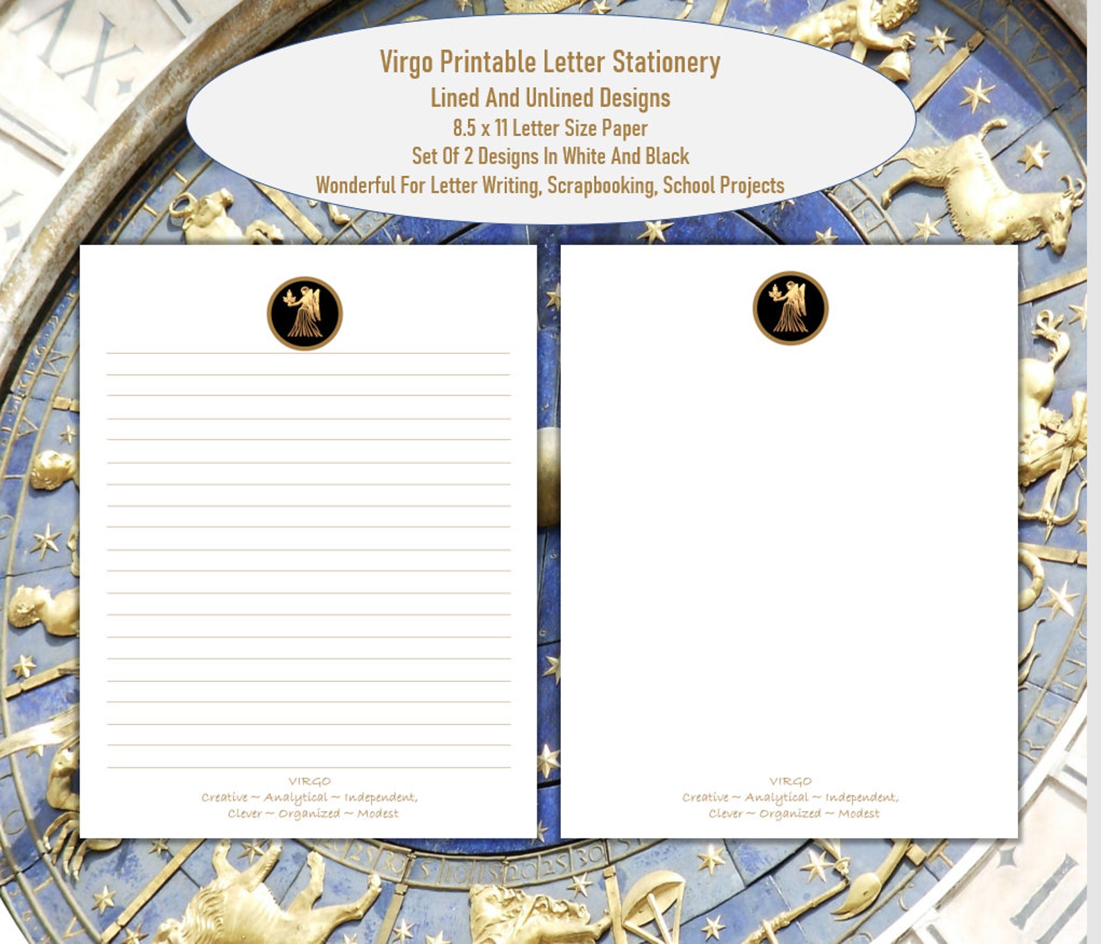Virgo Zodiac Inspired Printable Letter Size Writing Stationery, Lined ...