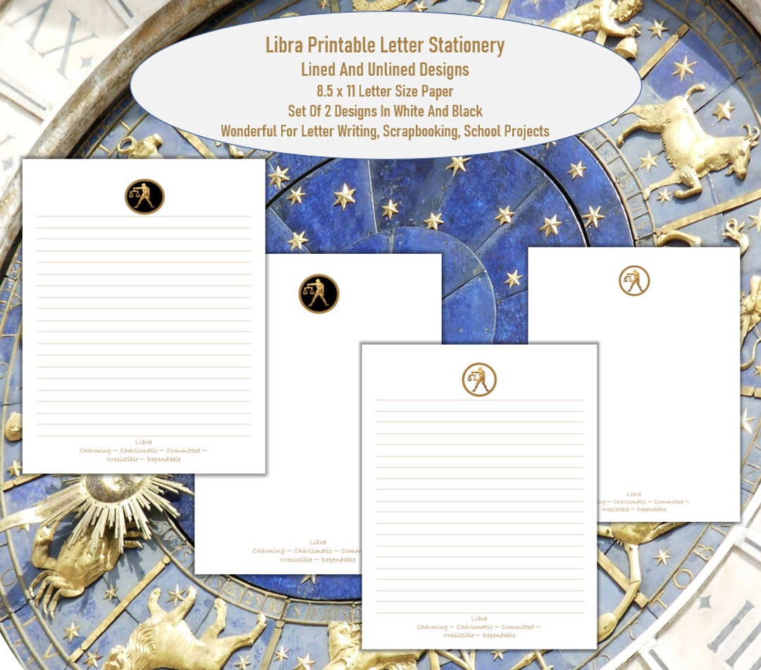 Libra Zodiac Inspired Printable Letter Size Writing Stationery, Lined ...