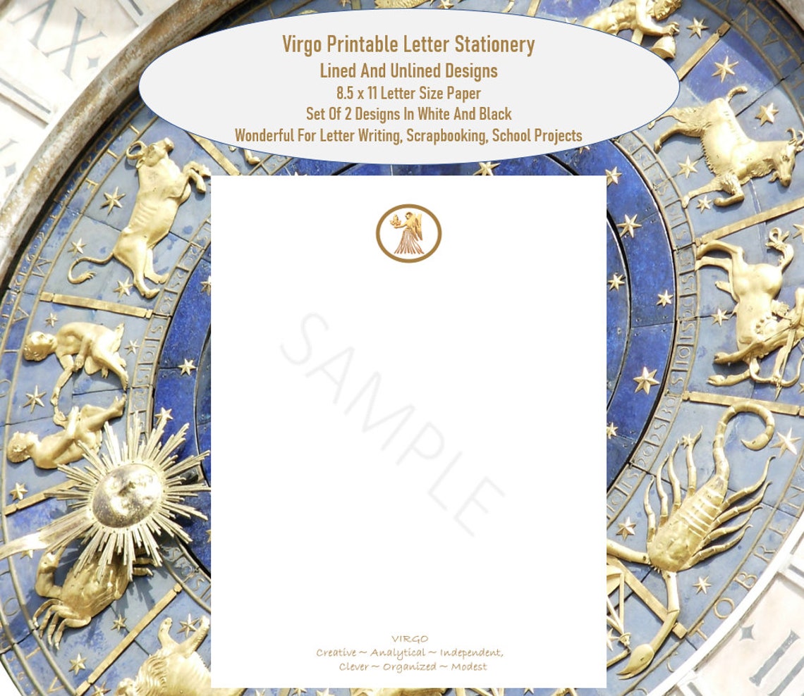 Virgo Zodiac Inspired Printable Letter Size Writing Stationery, Lined ...