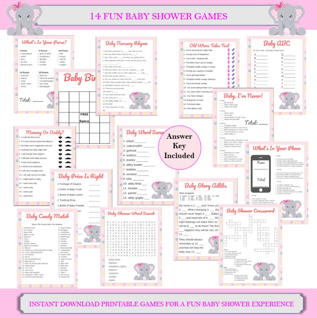 Elephant Baby Shower Game Bundle 14 Different Games With Answer Keys ...