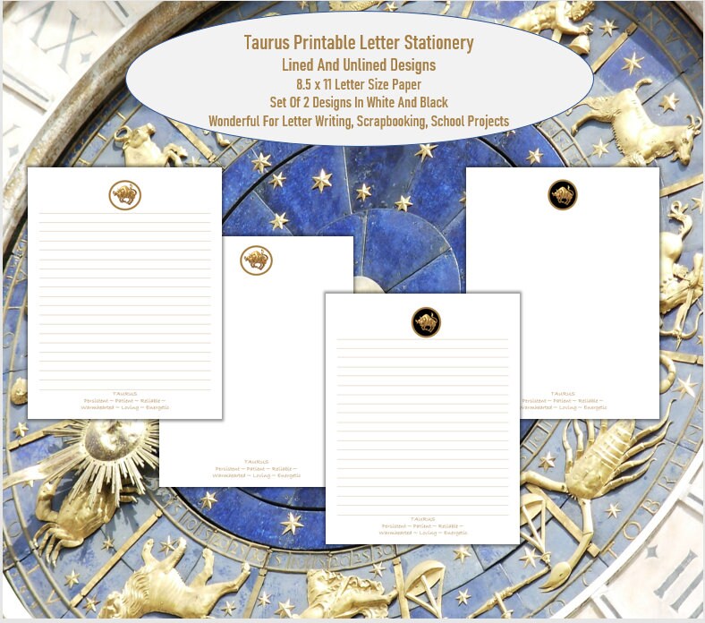 Taurus Zodiac Inspired Printable Letter Size Writing Stationery, Lined ...
