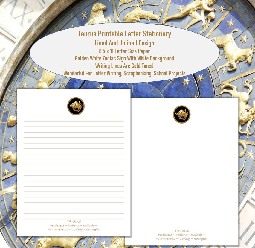 Taurus Zodiac Inspired Printable Letter Size Writing Stationery, Lined ...