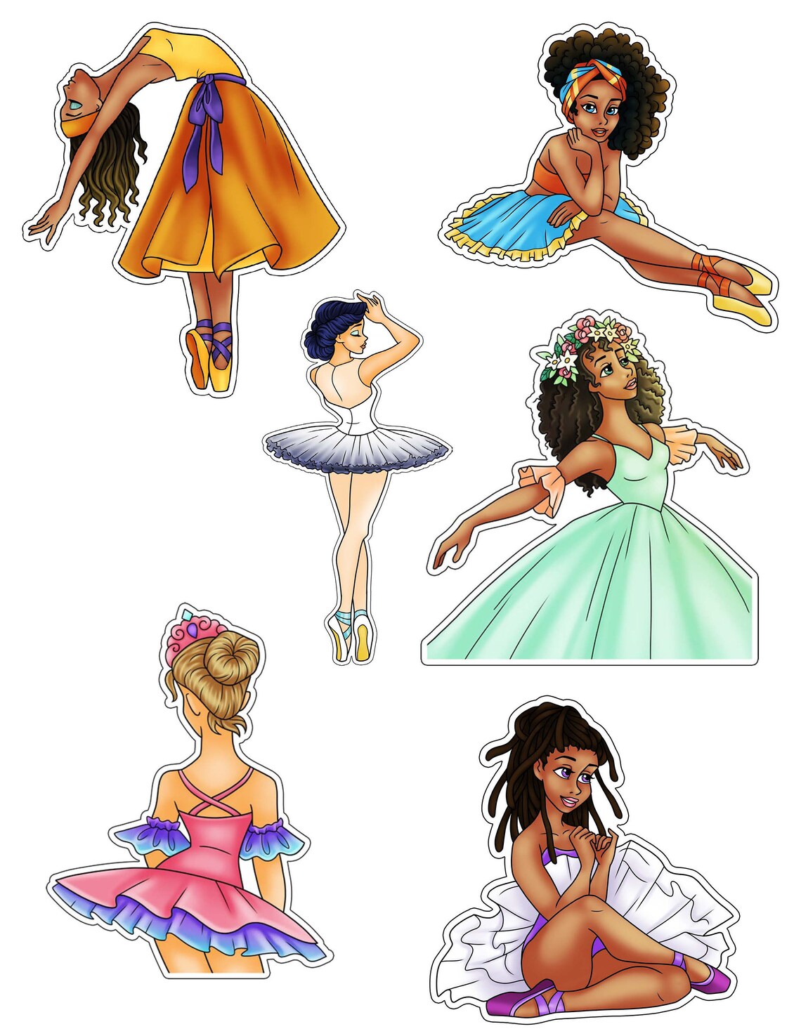 Printable Ballerina Stickers, 30 Designs, Multi Cultural Girl Dancers ...